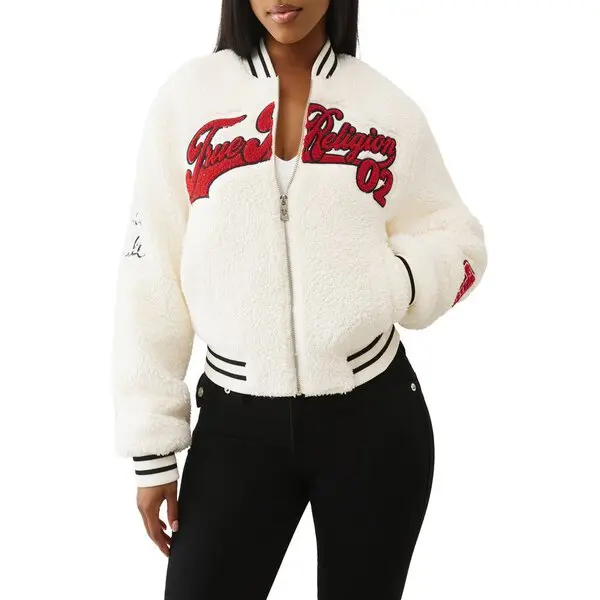 True Religion Varsity Chenille Bomber Jacket - Winter White