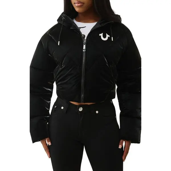 True Religion High Shine Hooded Crop Puffer Jacket - Jet Black
