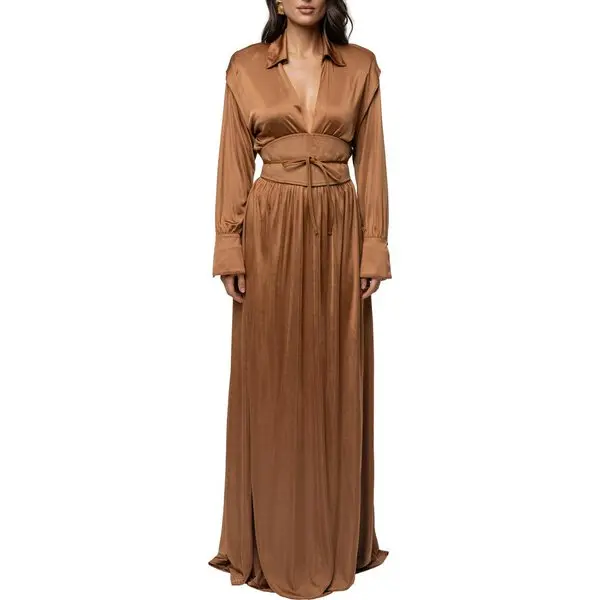 JLUXLABEL Collared Long Sleeve Satin Gown - Beige