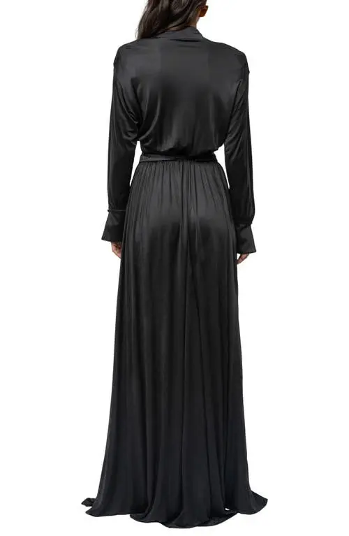 JLUXLABEL Collared Long Sleeve Satin Gown - Black