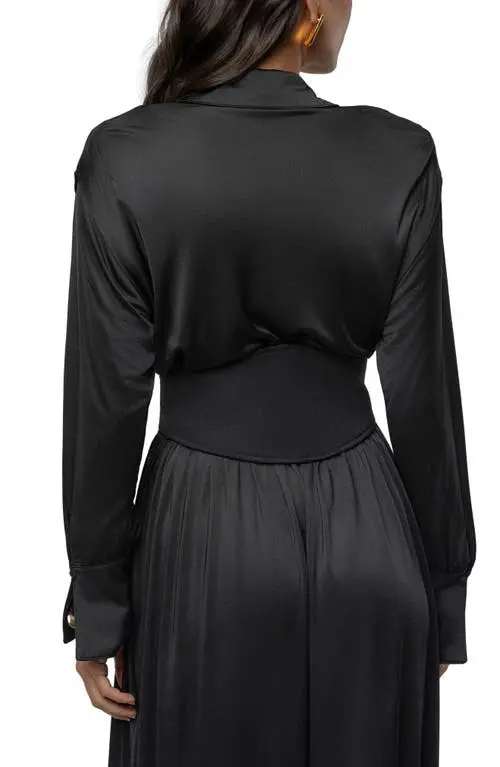 JLUXLABEL Collared Long Sleeve Satin Gown - Black