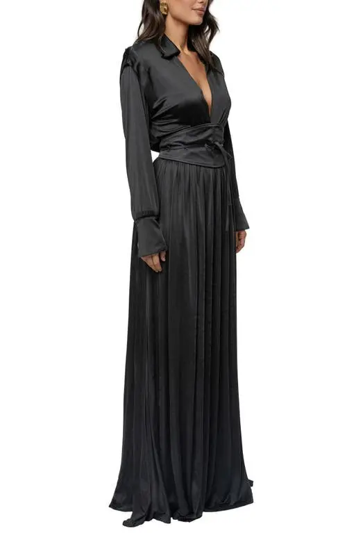 JLUXLABEL Collared Long Sleeve Satin Gown - Black