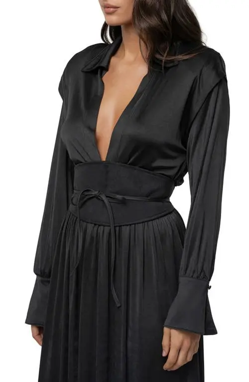 JLUXLABEL Collared Long Sleeve Satin Gown - Black