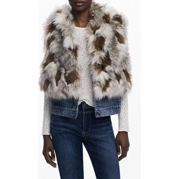Desigual Faux Fur Denim Hooded Vest - Beige