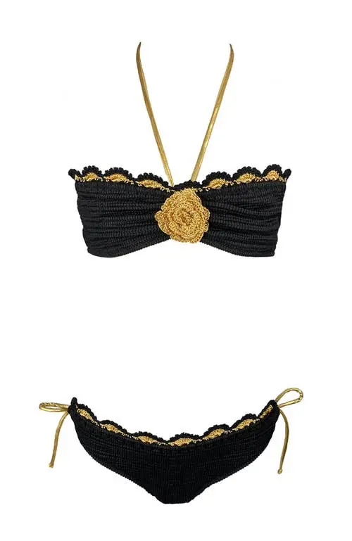 NESSI BYRD Bandeau Bikini With Crochet Trim And Hand-knitted Rose Detail - Black