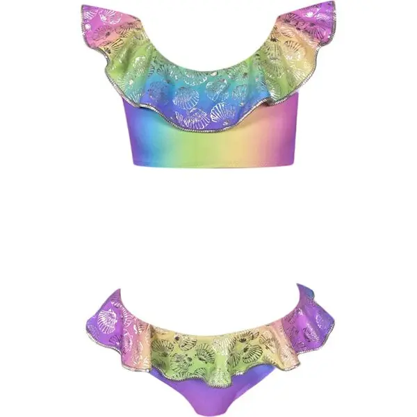 NESSI BYRD Shimmering Shell-patterned Ruffled Boat Neck Two Piece Bikini - Multicolor