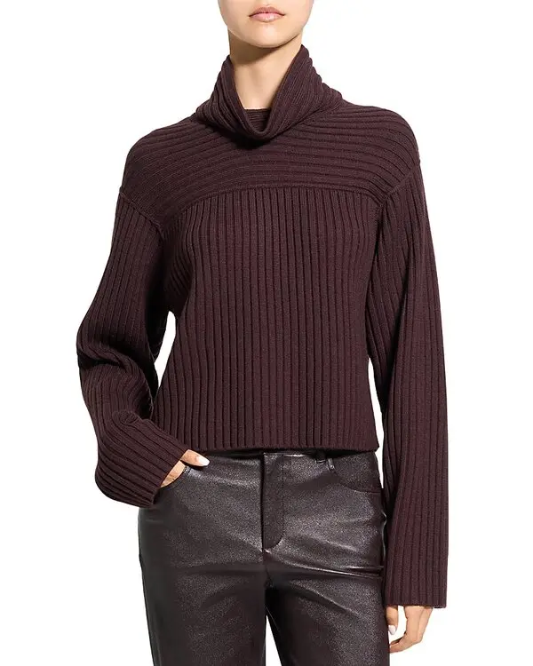Theory Wool Ribbed Mock Neck Sweater - Deep Plum