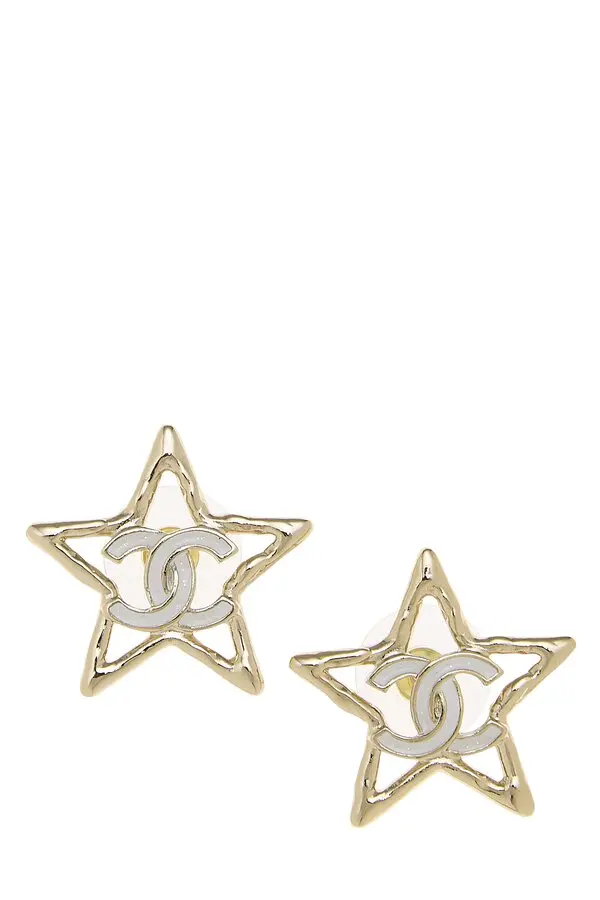 Chanel Tone Star 'cc' Stud Earrings - White