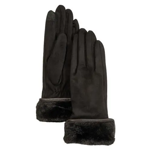 Echo Stretch Suede Fold-up Faux Fur Cuff Gloves - Black
