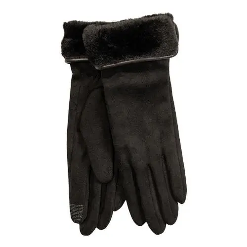 Echo Stretch Suede Fold-up Faux Fur Cuff Gloves - Black