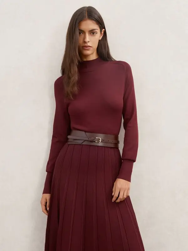 Reiss Womens Raspberry Red Alicia Belted Knit Pleated Midi Dress Xs