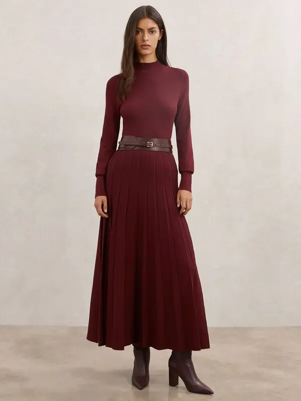 REISS Alicia Belted Knit Pleated Midi Dress