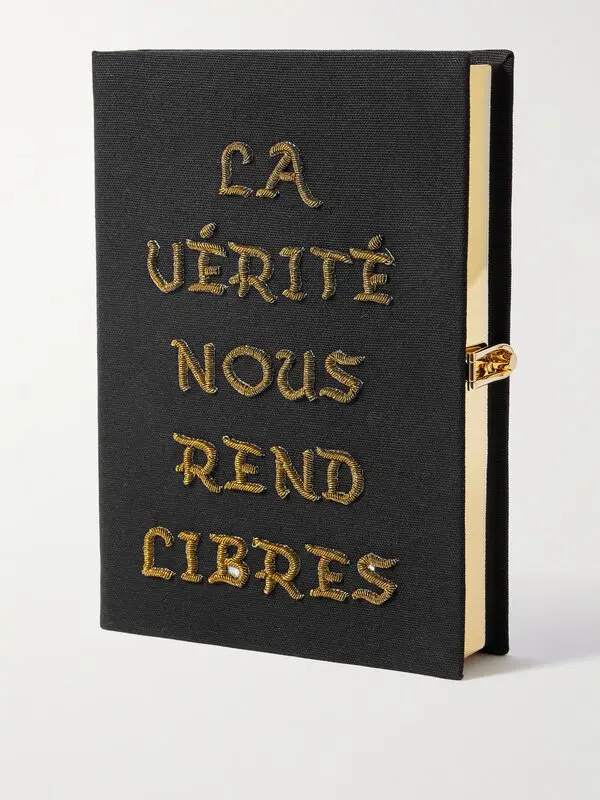 OLYMPIA LE-TAN La Vérité Nous Rend Libre Embroidered Canvas Clutch - Black