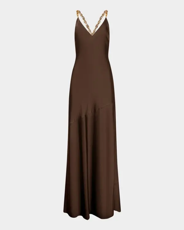 L'Agence Saint Satin Gown With Crystal Straps - Dark Brune