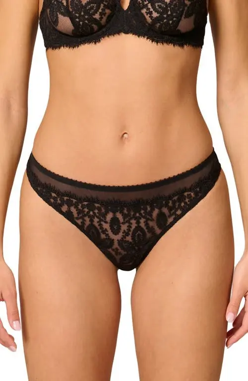 Simone Perele Embroidered Lace Trim Tulle Tanga Thong - Black