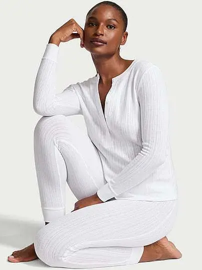 Victoria's Secret Cozy Pointelle Henley Long Pajama Set - White,ivory
