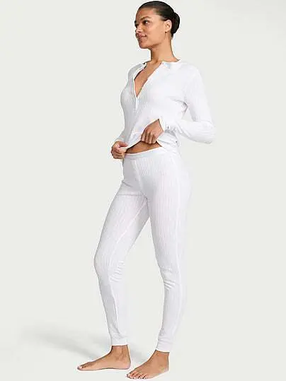 Victoria's Secret Cozy Pointelle Henley Long Pajama Set - White,ivory