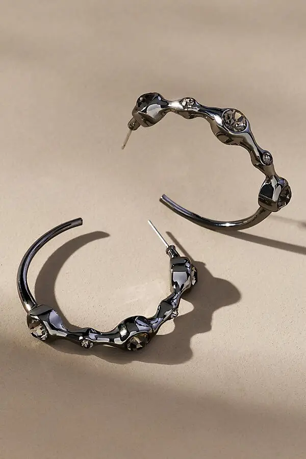 Anthropologie Crystal Squiggle Hoop Earrings - Gunmetal