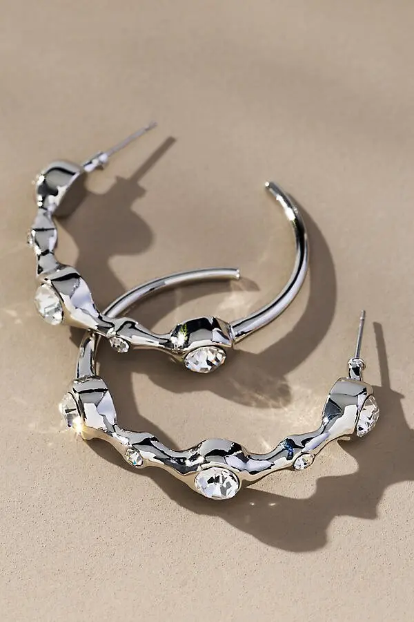 Anthropologie Crystal Squiggle Hoop Earrings - Silver