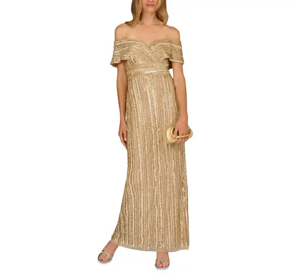 Aidan Mattox Beaded Off-the-shoulder Gown
