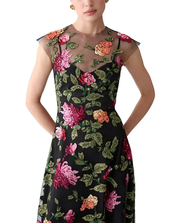 Carolina Herrera Embroidered Cap Sleeve Midi Dress