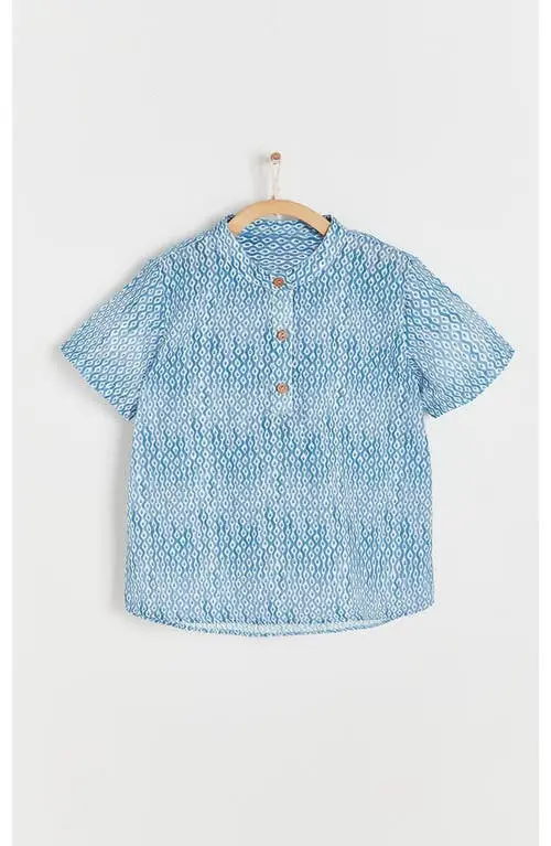 BABYCOTTONS Afrika Mandarin Collar Short Sleeve Shirt - Pastel Blue