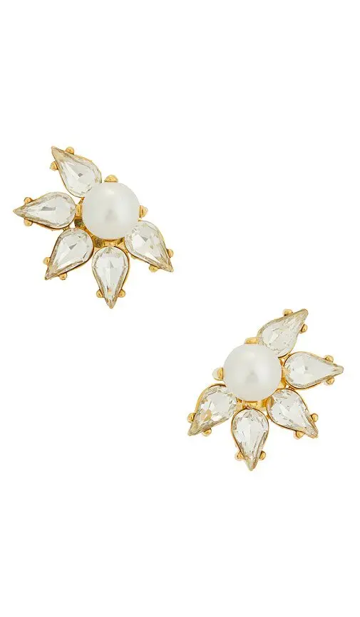 ANTON HEUNIS Omega Clasp Flower Motif Stud Earrings - Cream  Crystal  & Gold