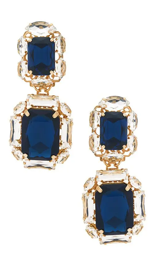 ANTON HEUNIS Omega Clasp Double Square Drop Earrings - Blue  Crystal  & Gold