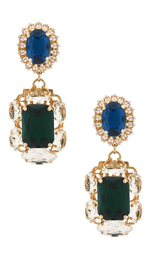 ANTON HEUNIS Omega Clasp With Square Pendant Earrings - Blue  Green  Crystal  & Gold