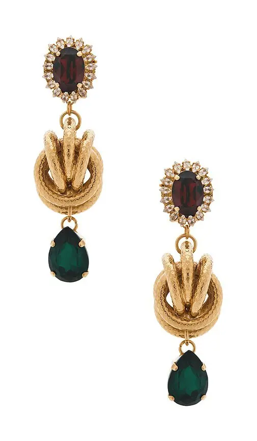 ANTON HEUNIS Omega Clasp With Square Pendant Earrings - Burgundy  Green  & Gold
