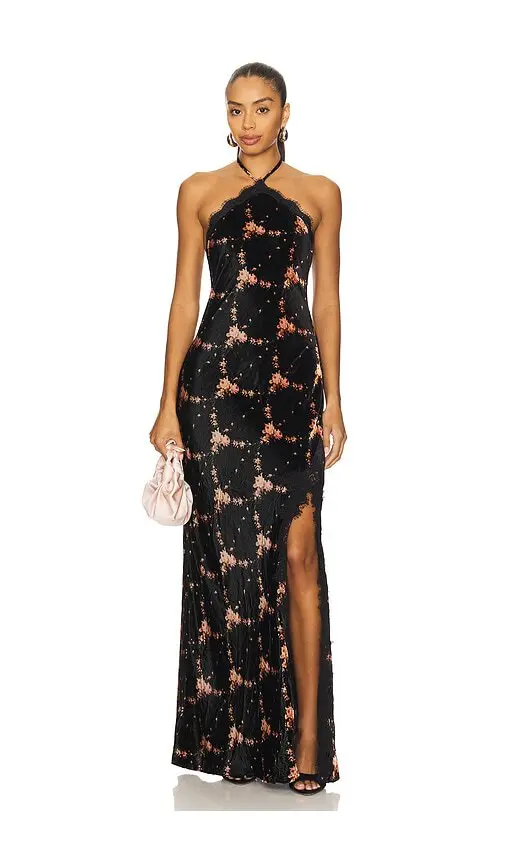 Cara Cara Velvet Floral Print Halterneck Maxi Dress With Side Slit