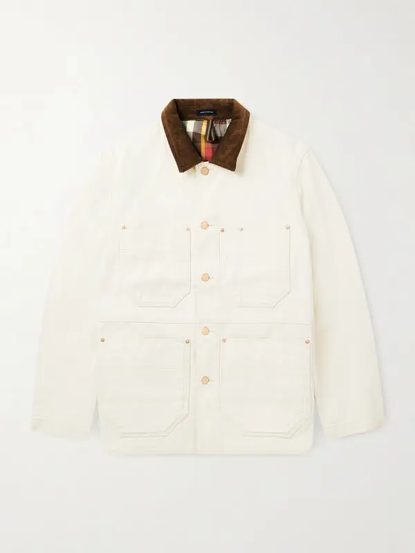 DRAKE'S Welder Corduroy-trimmed Denim Chore Jacket - Neutrals