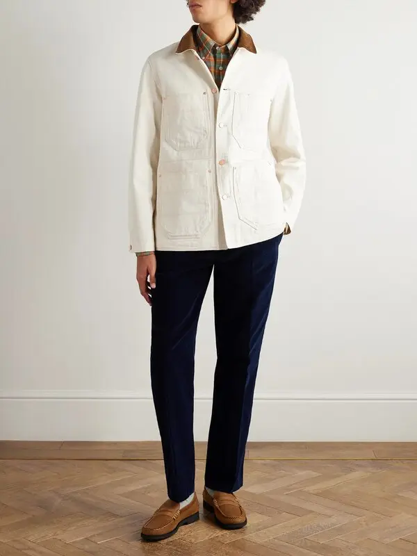 DRAKE'S Welder Corduroy-trimmed Denim Chore Jacket - Neutrals
