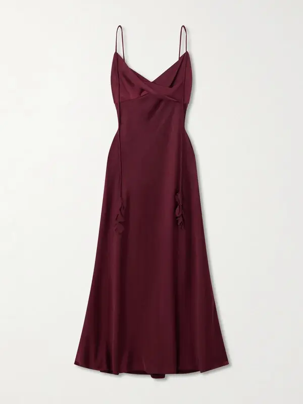 Self-Portrait Georgette-Trimmed Draped Satin Midi Dress - Burgundy |  Editorialist