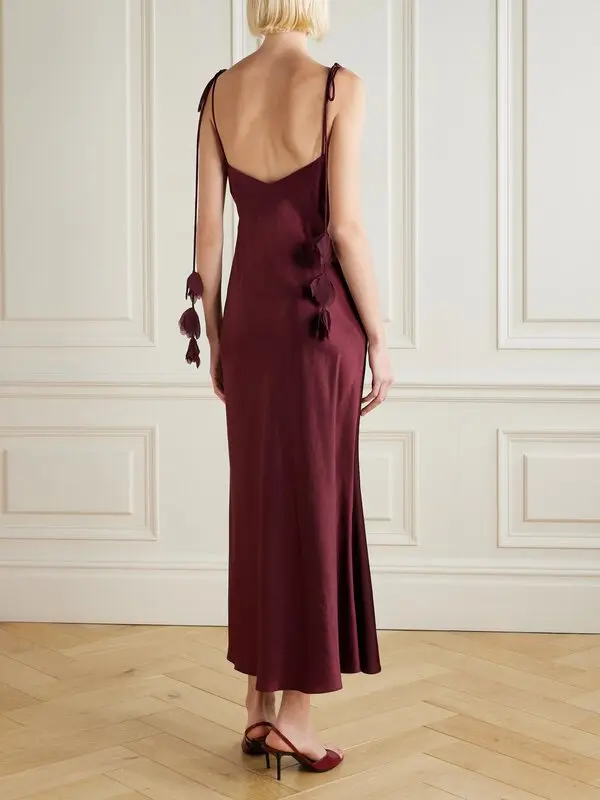 Self-Portrait Georgette-Trimmed Draped Satin Midi Dress - Burgundy |  Editorialist