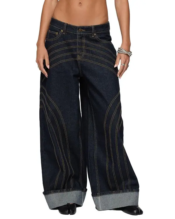 EDIKTED Cuffed Low Rise Wide Leg Jeans - Indigo-blue-raw-washed