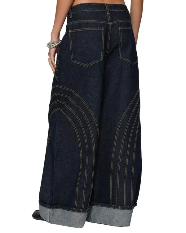 EDIKTED Cuffed Low Rise Wide Leg Jeans - Indigo-blue-raw-washed