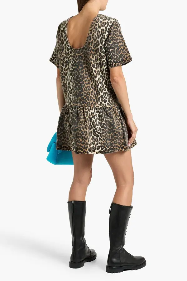 GANNI Leopard-print Cotton-blend Twill Mini Dress