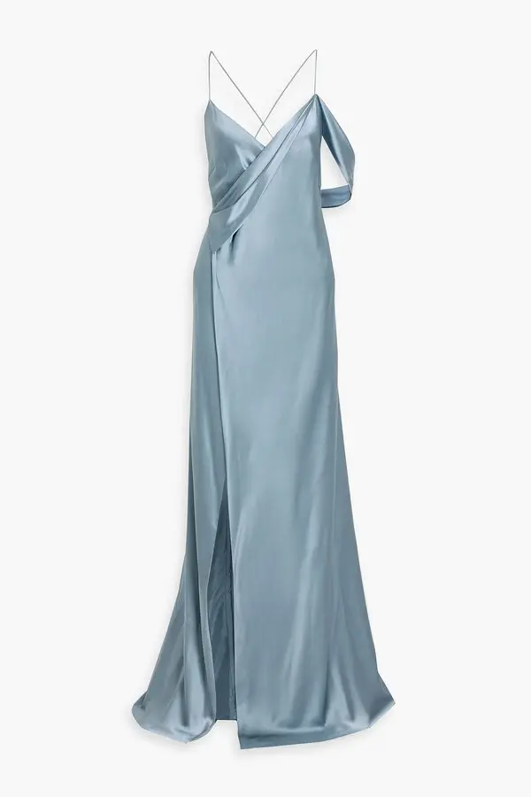 Michelle Mason Draped Silksatin Wrap Gown - Slate Blue