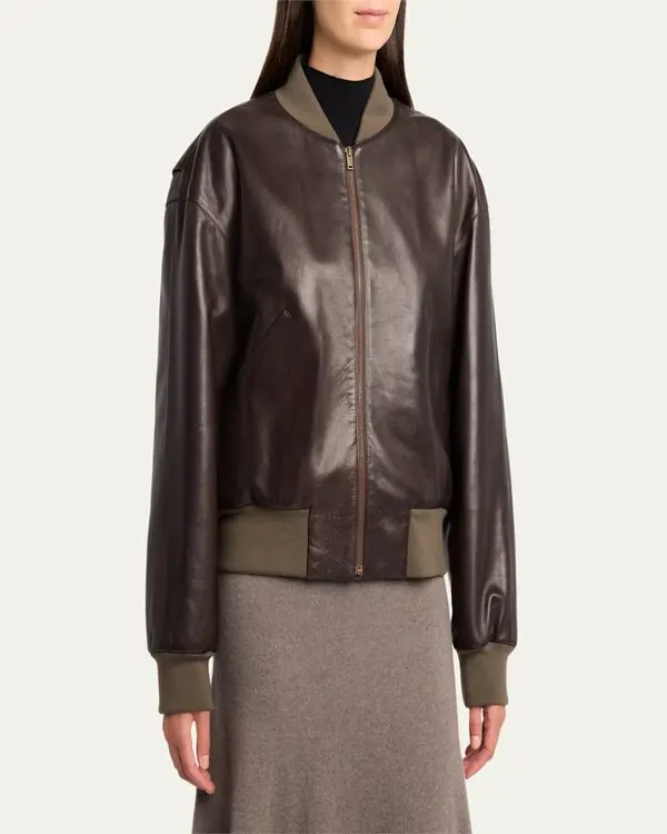 THE ROW Morisel Leather Bomber Jacket - Coffee