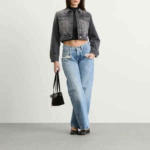 MARINE SERRE Moon Laser Denim Crop Jacket - Dark Grey