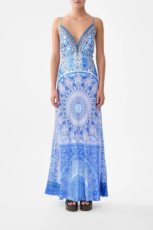 Camilla V-neck Long Bias Slip Dress With Train - The Bosphorous