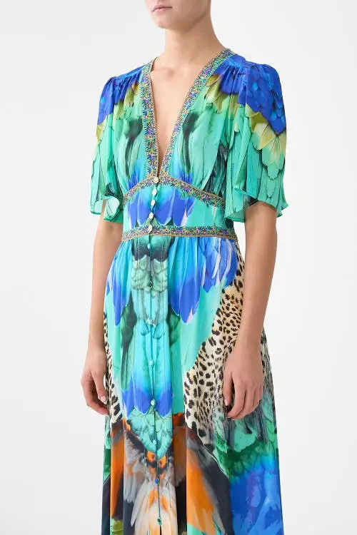Camilla Shaped Waistband Maxi Dress With Flutter Sleeves - Jungle Flight |  Editorialist
