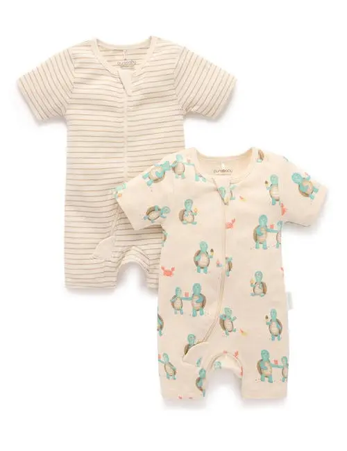 PUREBABY 2-pack Short Sleeve Zip Romper - Hungry Turtles Print