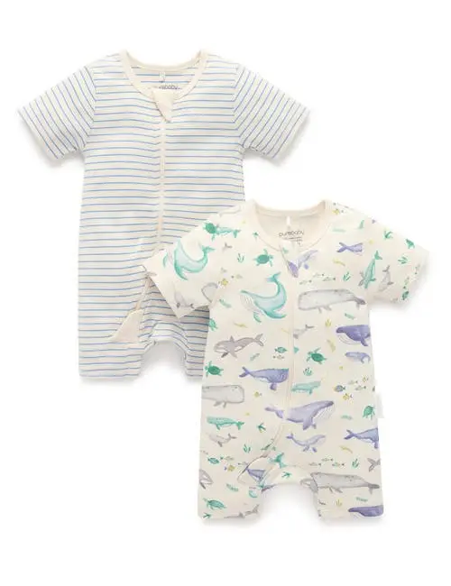 PUREBABY 2-pack Short Sleeve Zip Romper - Whale Print