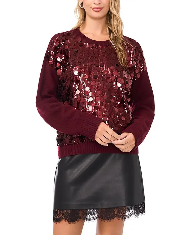 Vince Camuto Mixed Media Paillette Front Sweater - Wine
