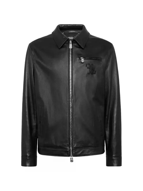 BILLIONAIRE Embroidered-logo Leather Jacket