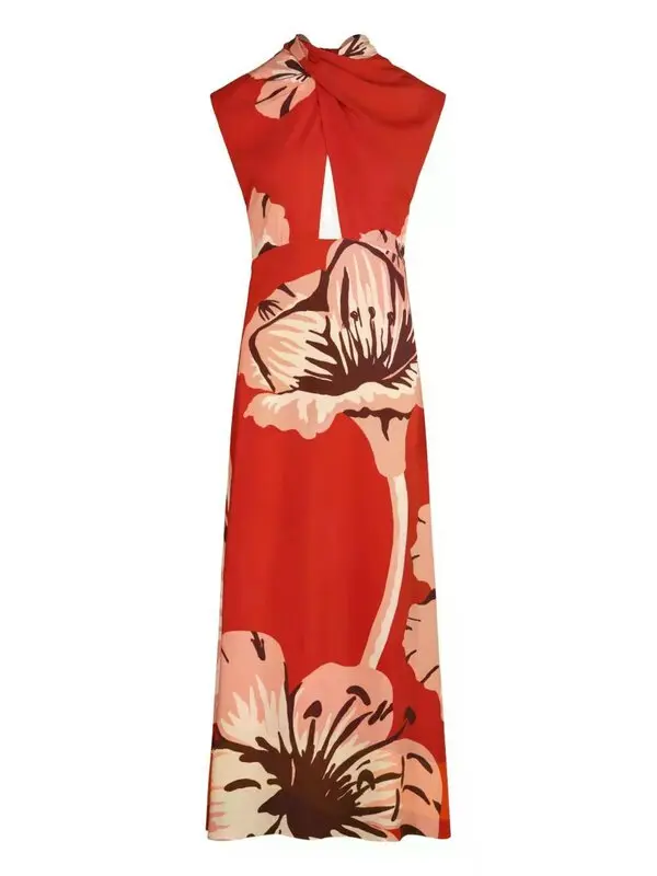 Johanna Ortiz Al Son De Las Astromelias Twisted Floral Midi Dress - Red