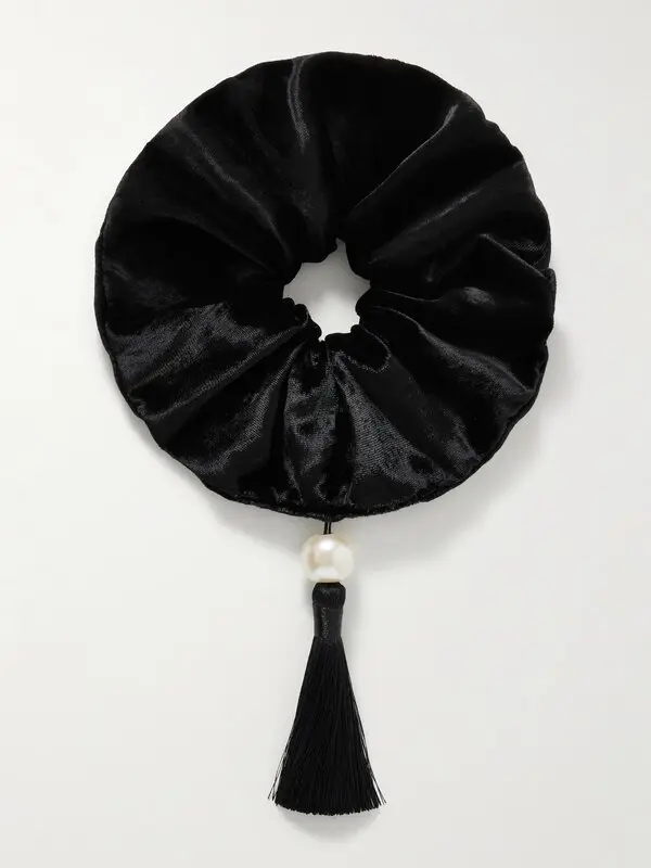 JENNIFER BEHR Isadora Tasseled Embellished Velvet Scrunchie - Black