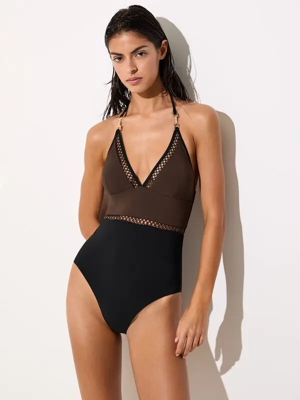 REISS Ray Colour-block Lattice-trim Swimsuit - Chocolate Brown/black